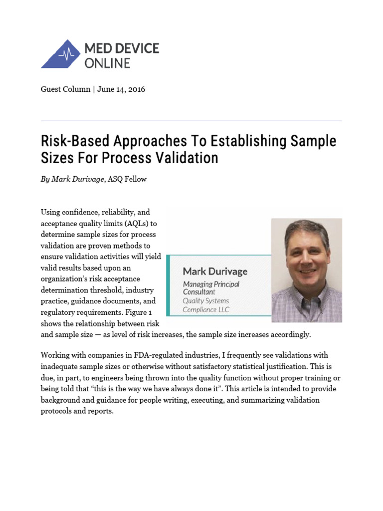 Risk Based Approaches To Establishing Sample Sizes For Process Validatio... | PDF