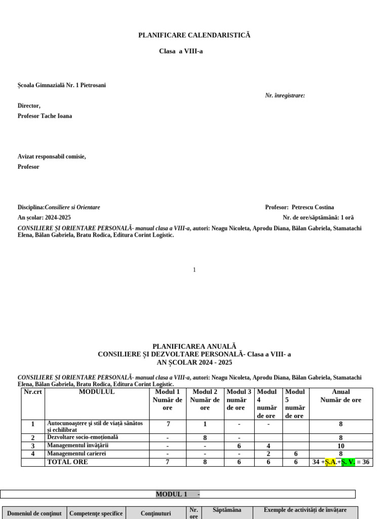 Matei Roxana Planificare Consiliere Si Orientare Clasa A VIII A | PDF