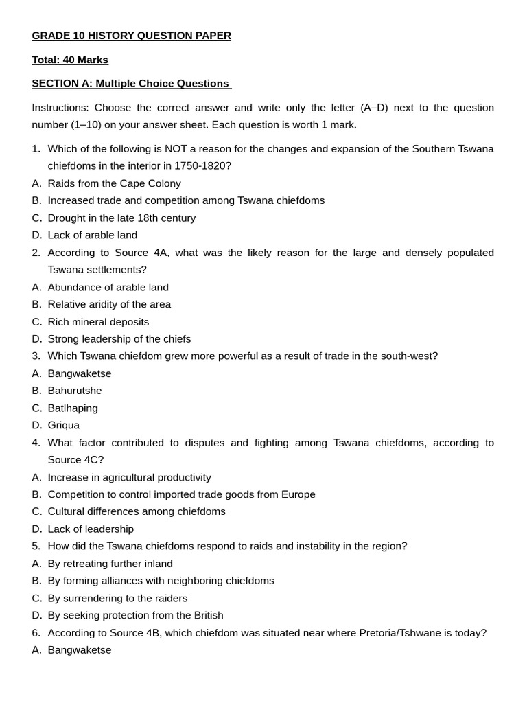 Grade 10 History Question Paper | PDF