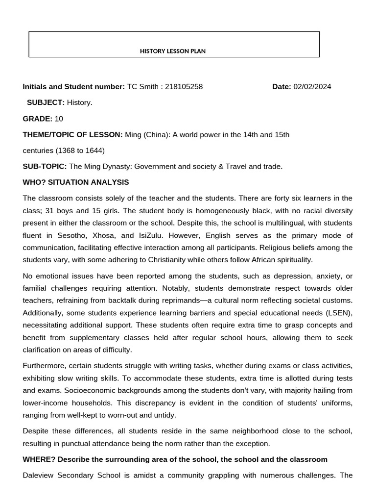 History Lesson Plan Wil 1 2024 | PDF