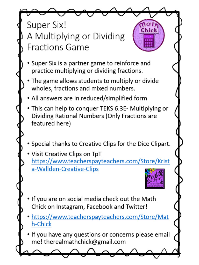 Super Six! A Multiplying or Dividing Fractions Game: a-Wallden-Creative ...