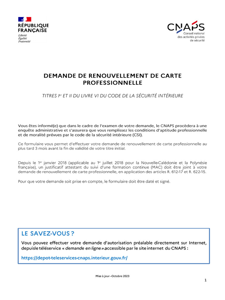 Formulaire de Renouvellement Carte Professionnelle | PDF