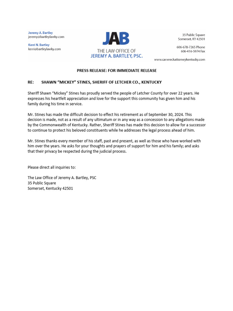 Press Release Stines' Retirement | PDF