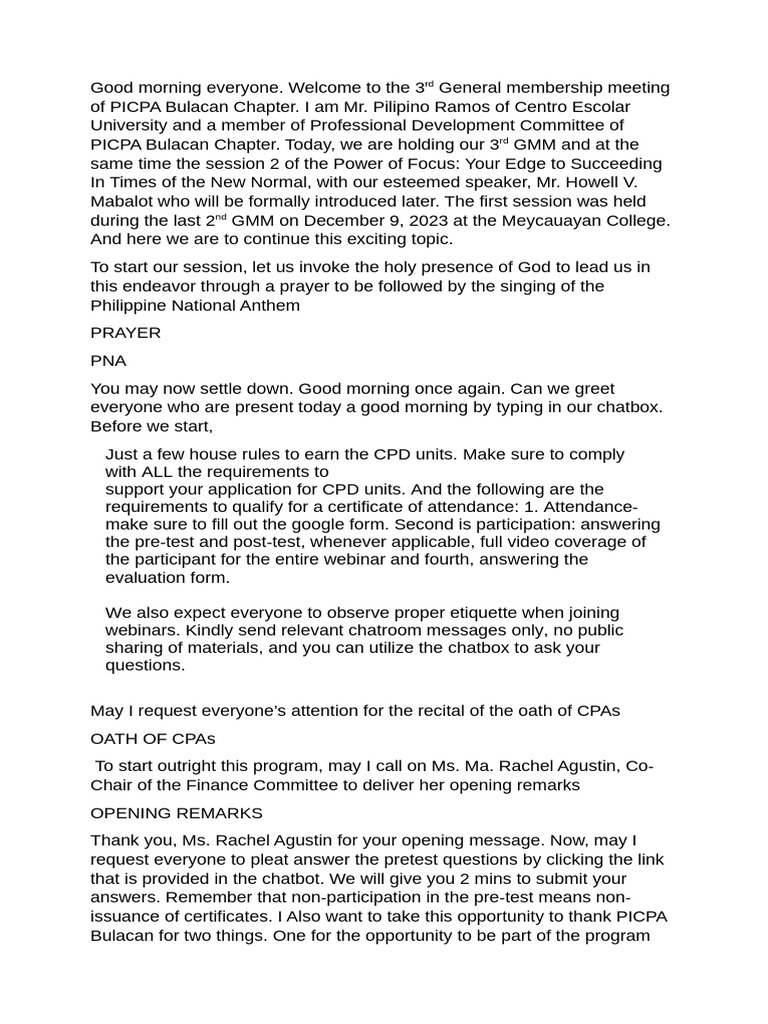 PICPA 3rd GMM Script | PDF