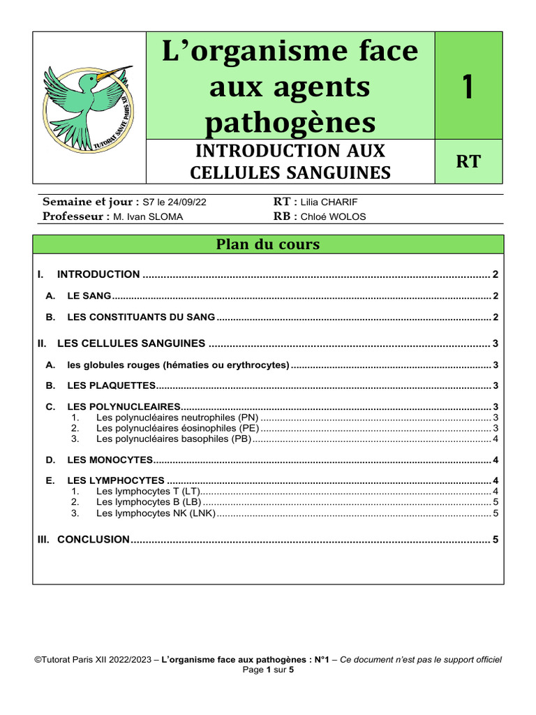 AP Fiche 1 - RT - Introduction Aux Cellules Sanguines | PDF