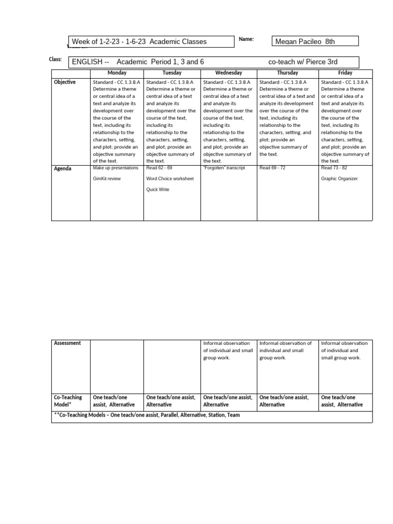 Week of 1-2-23!1!6-23 Academic Lesson Plans | PDF
