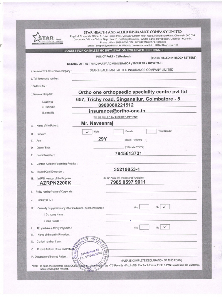 Naveenraj Pre Auth | PDF