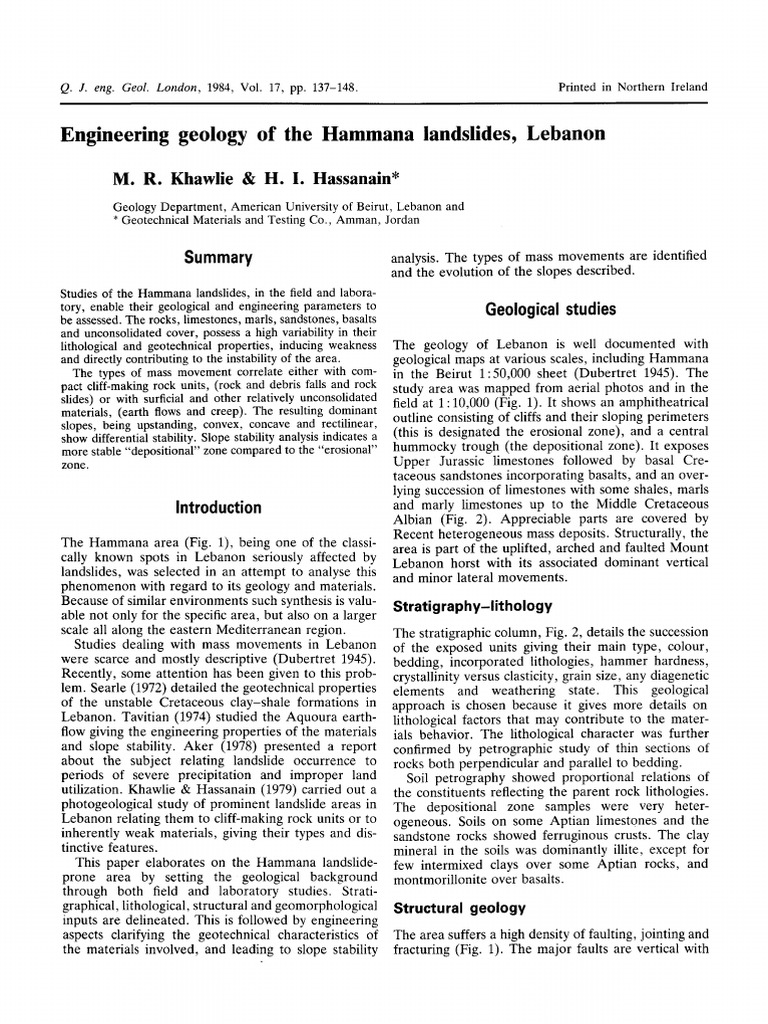 Engineering Geology of The Hammana Landslides in Lebanon (1984) | PDF