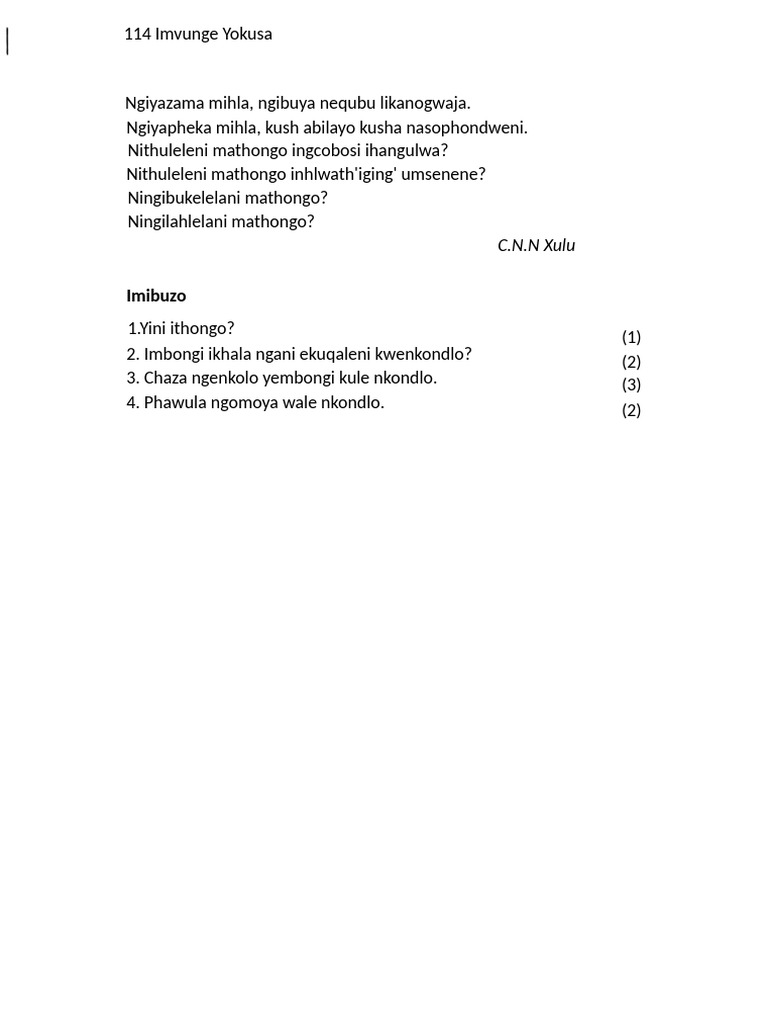 Imvunge Yokusa: Ukuhlaziywa Kwenkondlo | PDF | Language Arts ...