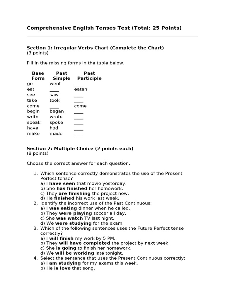 Comprehensive English Tenses Test | PDF