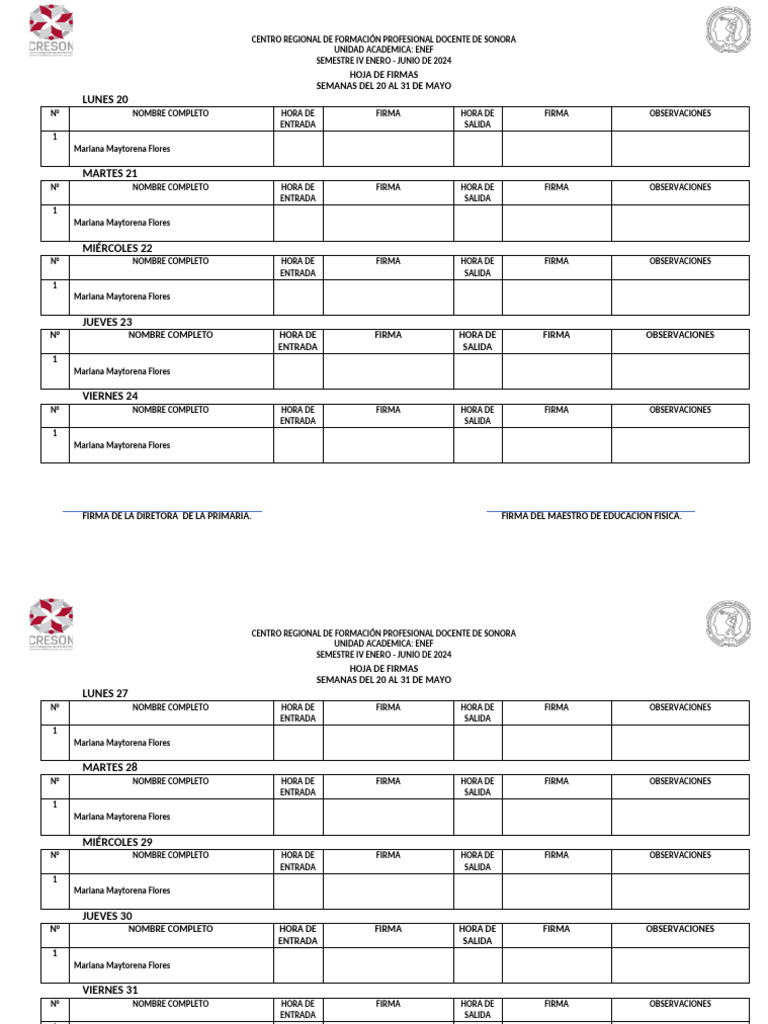 Hoja de Firmas Del 20 AL 31 de MAYO | PDF