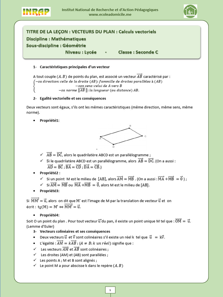 Maths 2nd C VECTEURS DU PLAN Calculs Vectoriels | PDF