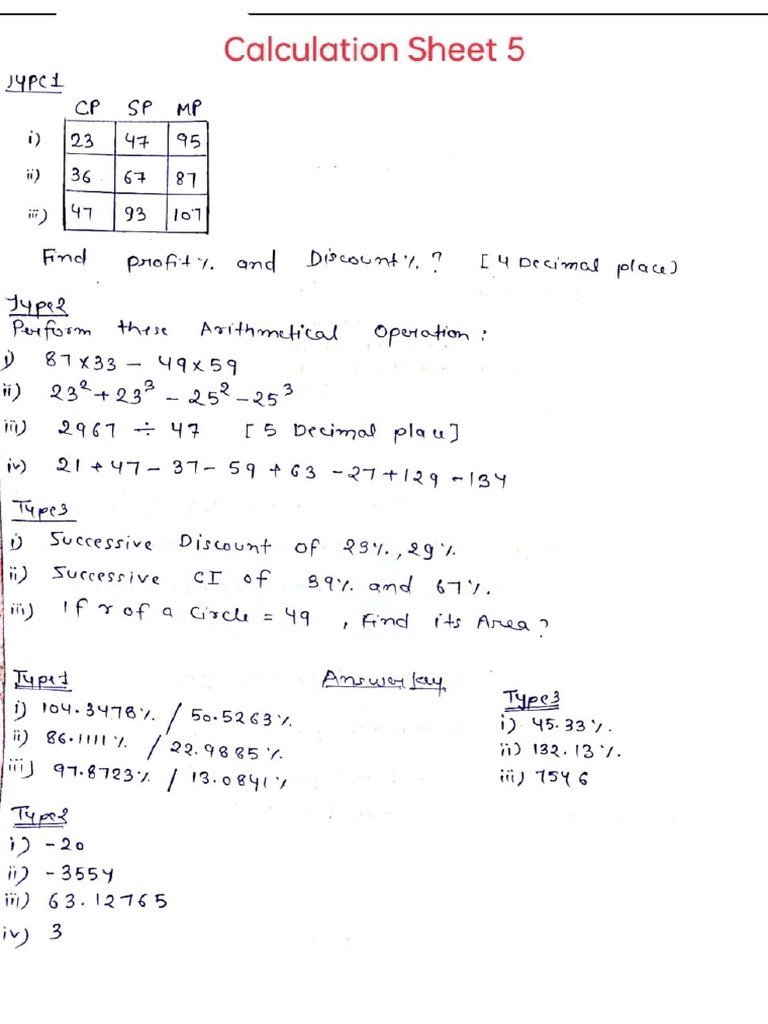 Calculation Sheet 5 | PDF