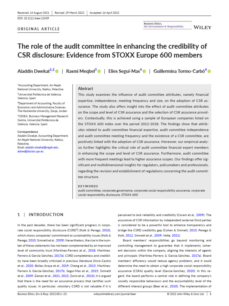 The Role of The Audit Committee in Enhancing The Credibility of CSR ...