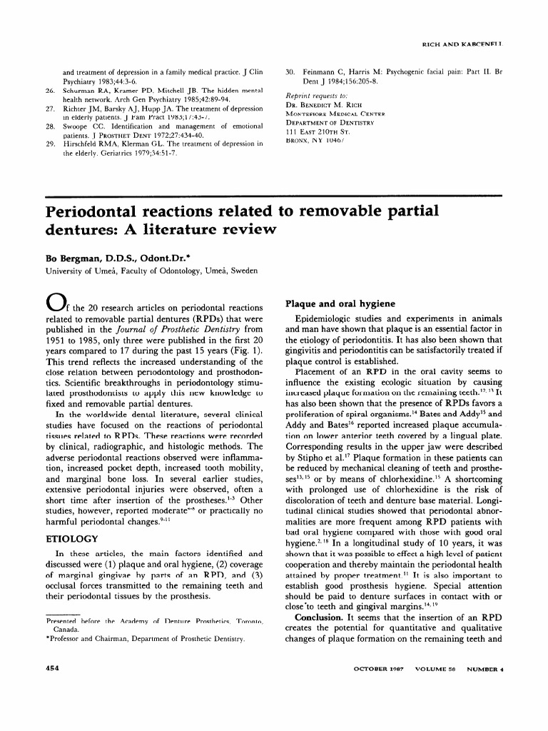 Periodontal Reactions Related To Removable Partial Dentures A ...