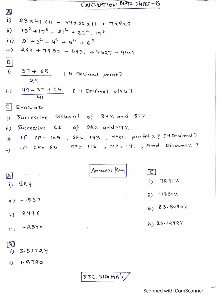 Calculation Blitz Sheet 8 | PDF