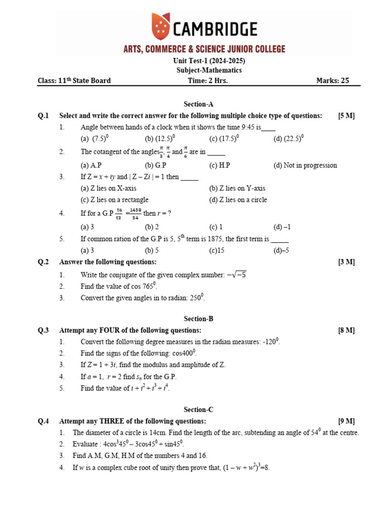 Class 11 Maths Unit Test Paper 2024 | PDF | Angle | Complex Analysis