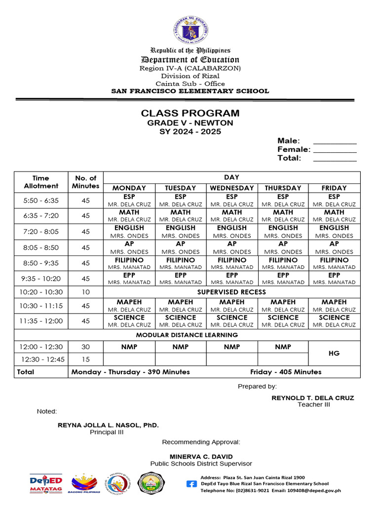 Class Program Grade 5 2024 2025 V Am Session Final | PDF