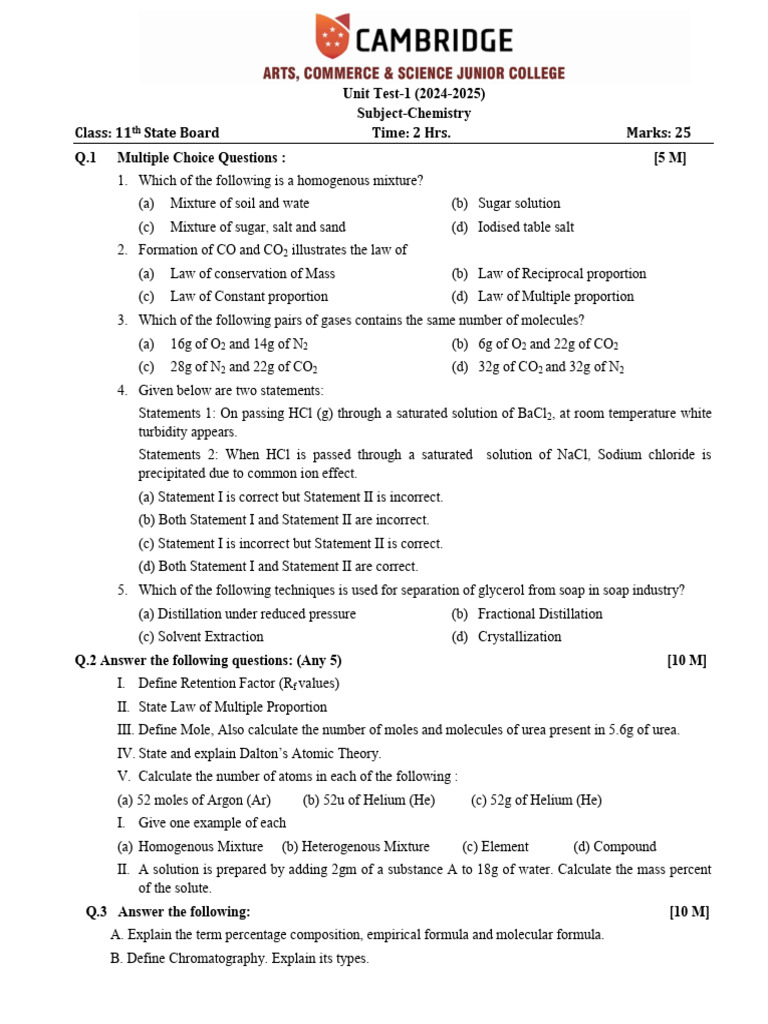 Chemistry 11th State Board (Unit Test-1) Cambridge | PDF | Mixture ...