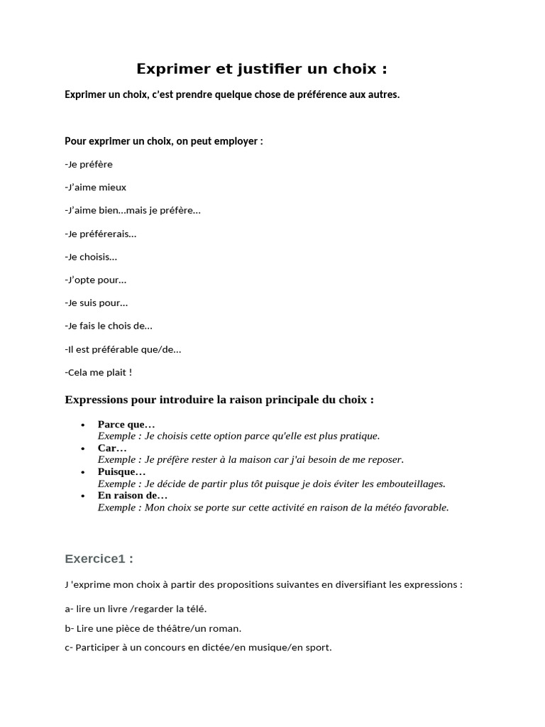 Exprimer Et Justifier Un Choix | PDF