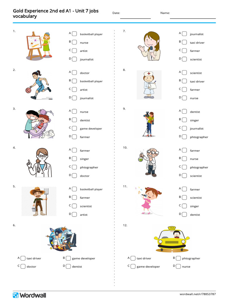 Gold Experience 2nd Ed A1 Unit 7 Jobs Vocabulary Quiz | PDF
