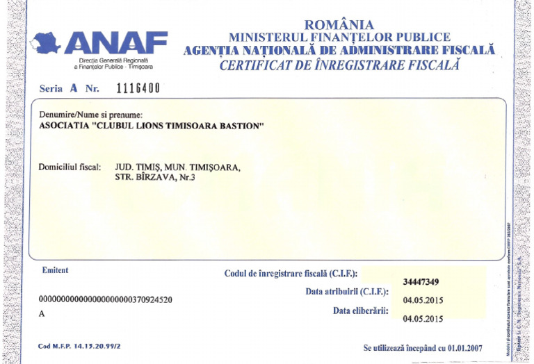 Certificat Inregistrare Fiscala LCTB | PDF