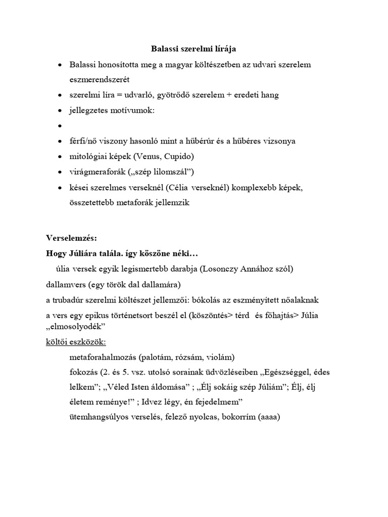 Balassi Szerelmi Lírája Hogy Júliára Talála | PDF