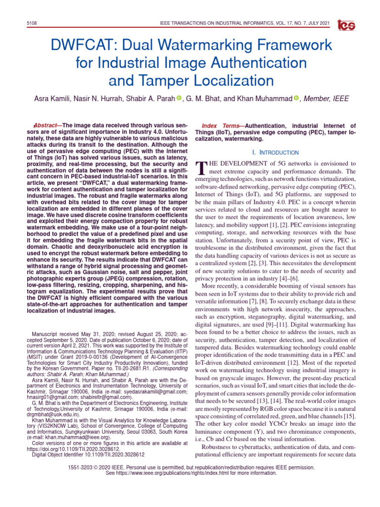 Dwfcat Dual Watermarking Framework For Industrial Image Authentication And Tamper Localization Pdf
