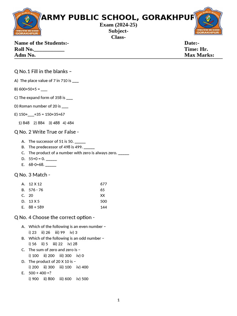 Class 2 Maths Test Paper 2024-25 | PDF