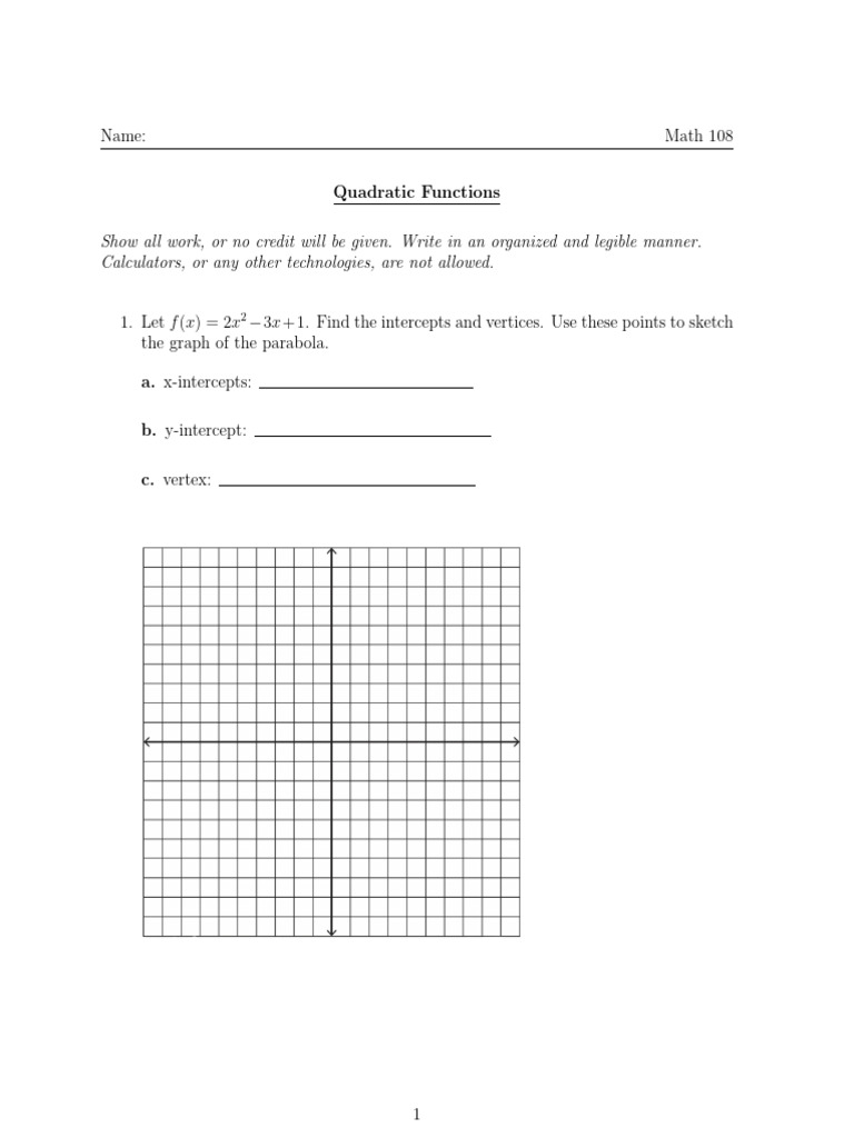 Math 108 - Worksheet 2 - Quadratic Functions (1.3) | PDF