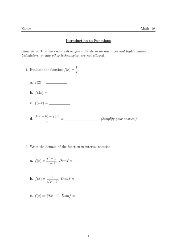 Math 108 - Worksheet 1 - Functions (1.1) | PDF