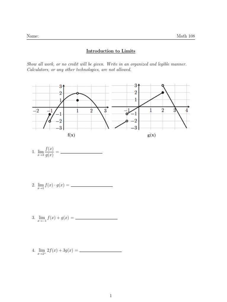 Math 113 - Worksheet 3 - Limits | PDF