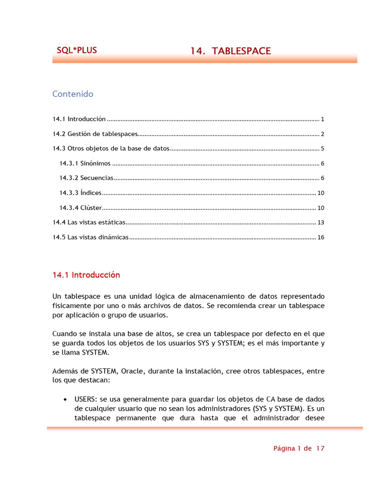 I Parte SQL Plus 12 B Tablespace | PDF | SQL | Datos de computadora