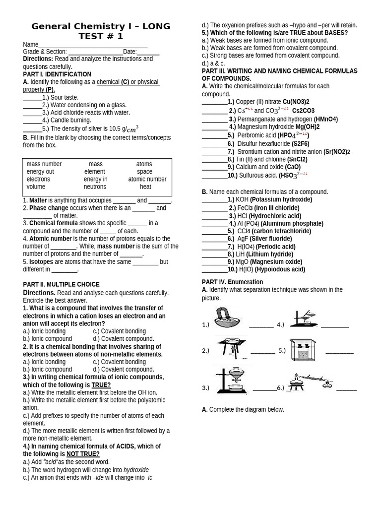 General Chemistry I - LONG Test # 1: Directions | PDF