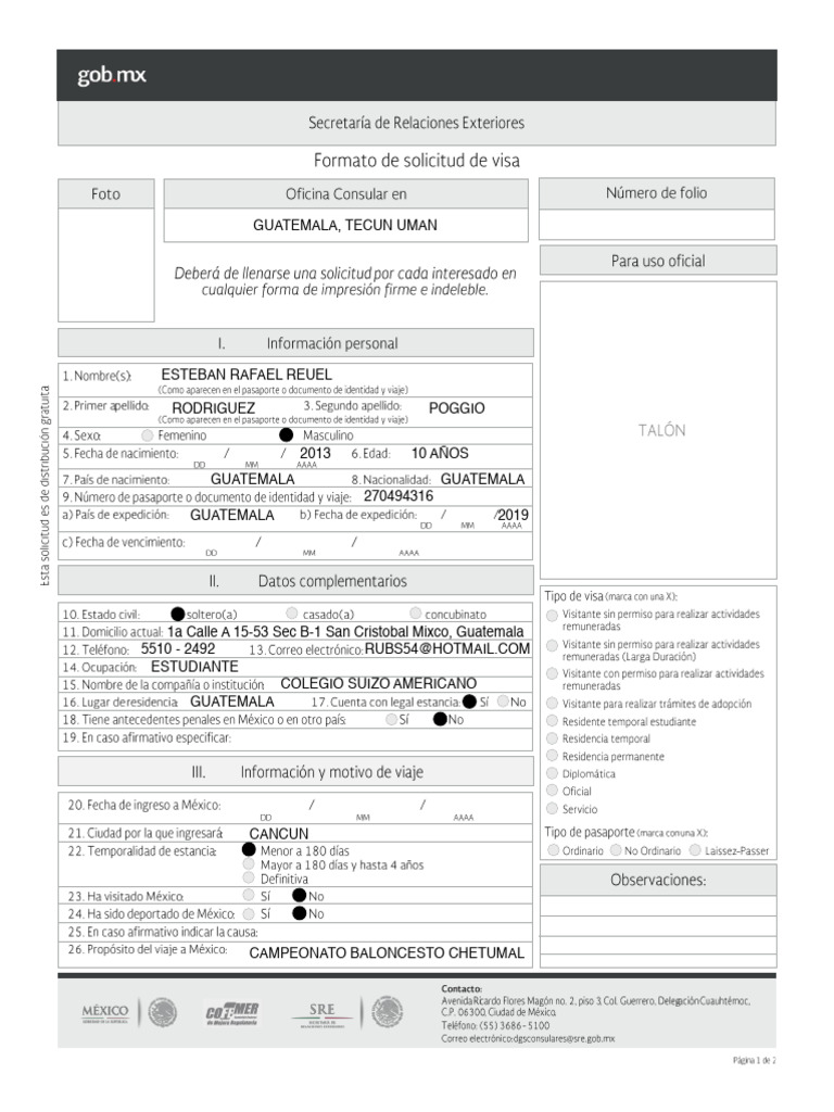 Formulario Lleno Solicitud Visa Mex | PDF