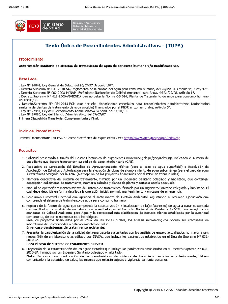 Texto Único de Procedimientos Administrativos (TUPAS) - DIGESA | PDF