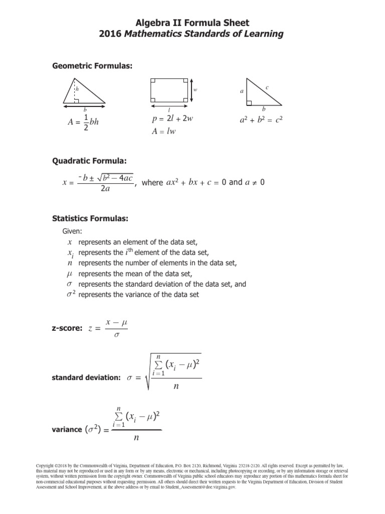 Algebra II Sol Formula Sheet | PDF