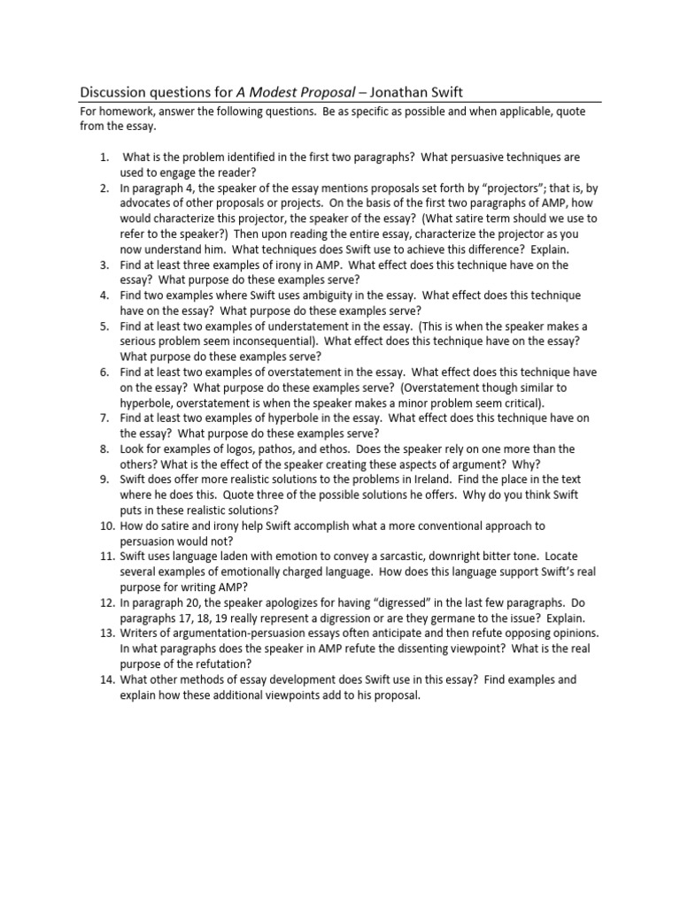Discussion Questions For A Modest Proposal | PDF | Essays | Human ...