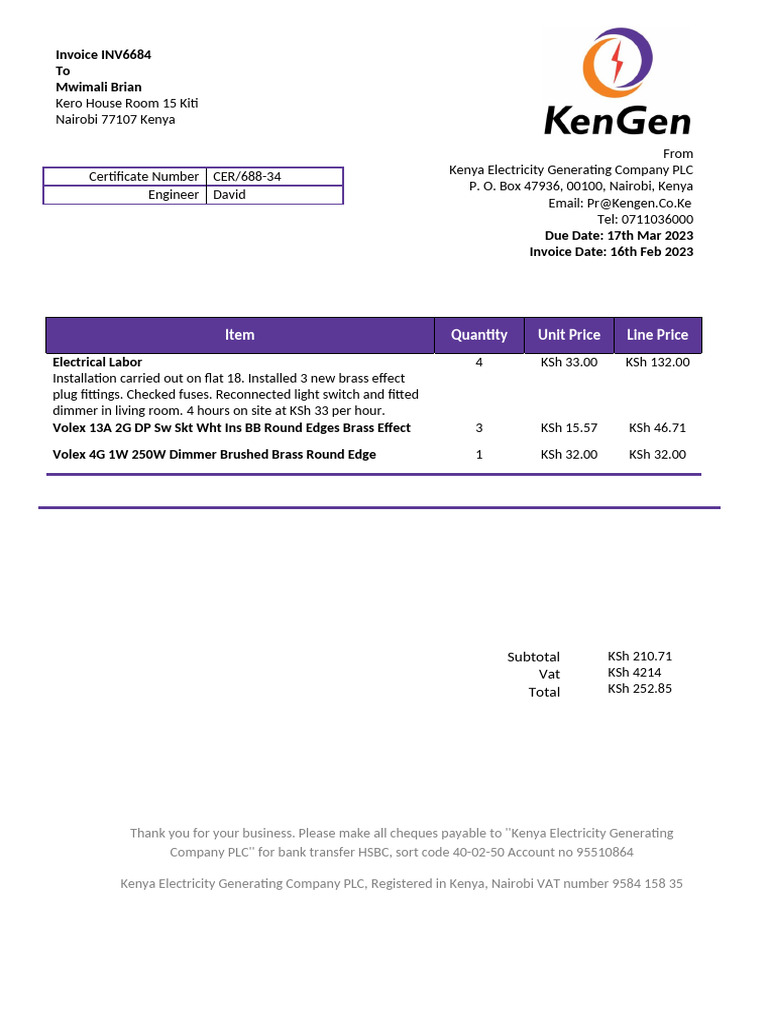 Invoice for Electrical Services | PDF