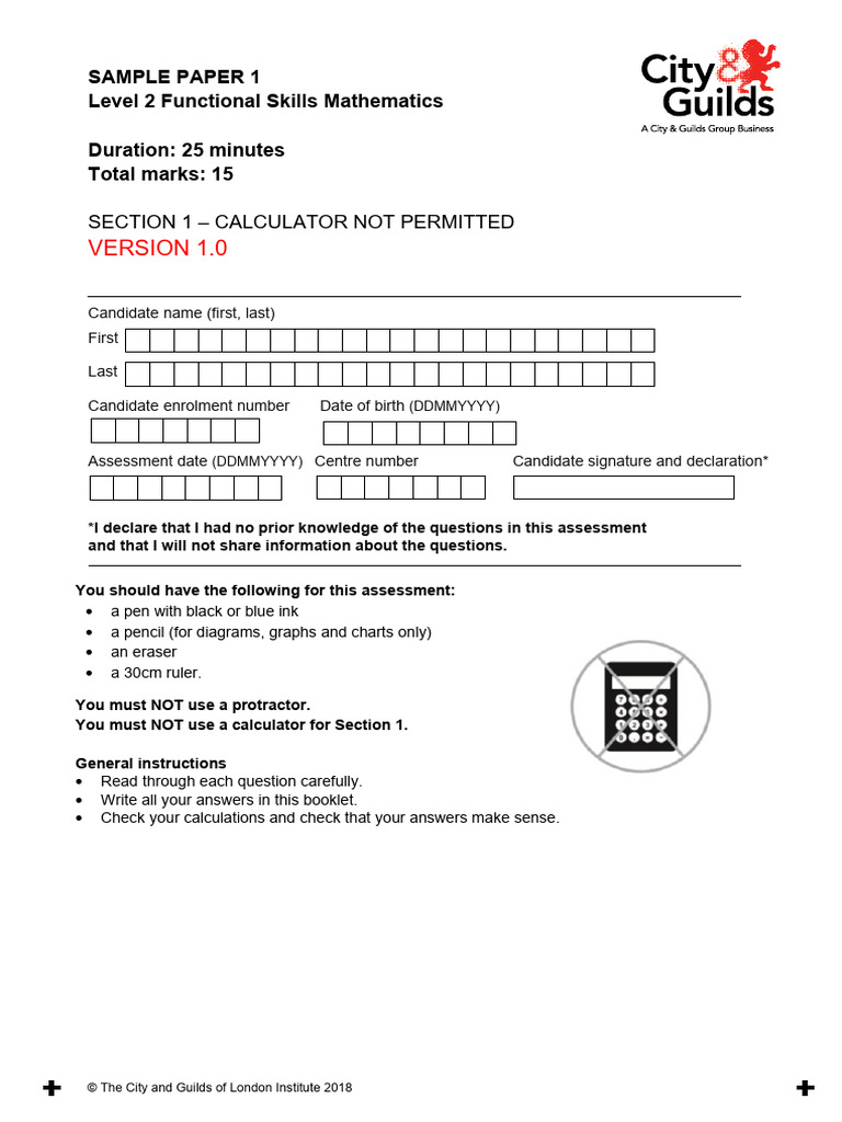 City and Guilds Functional Skills Maths Level 2 Sample 1 Question Paper ...