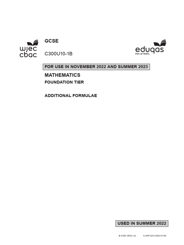 WJEC Eduqas Mathematics Formula Sheet Foundation Tier | PDF