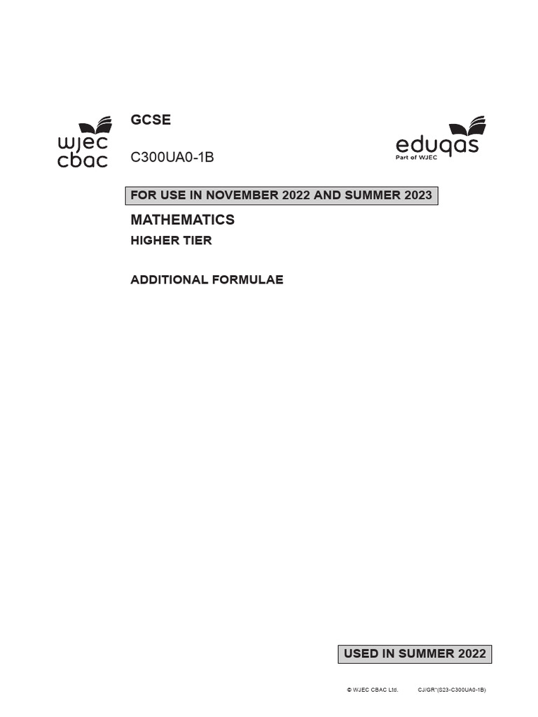 WJEC Eduqas Mathematics Formula Sheet Higher Tier | PDF