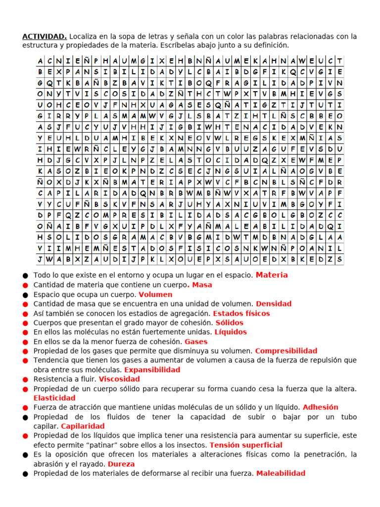 Clase 1 Ejercicio de Sopa de Letras de Propiedades de La Materia (5824 ...
