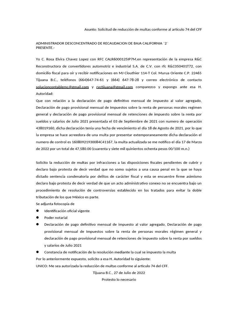 Escrito Libre Reduccion de Multas Sat Ryc | PDF