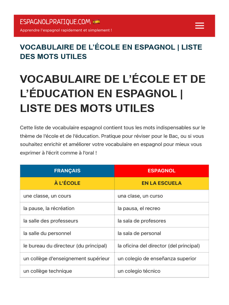 Vocabulaire de L'école en Espagnol - Liste Des Mots Utiles ...