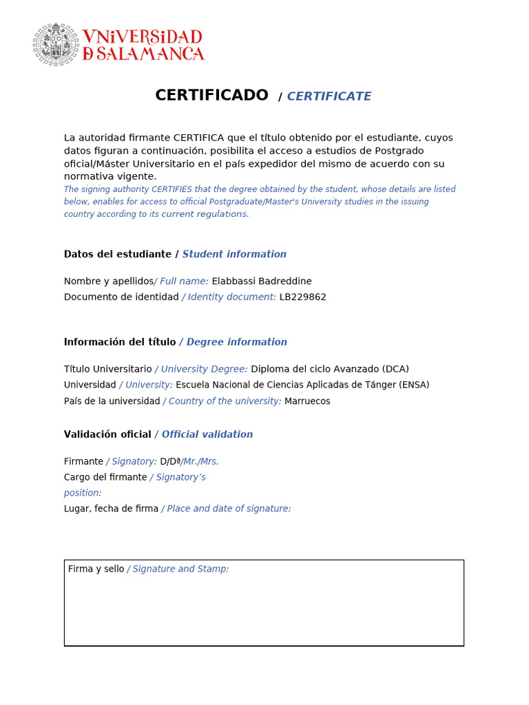 Certificado Acceso Postgrado - V Definitiva | PDF