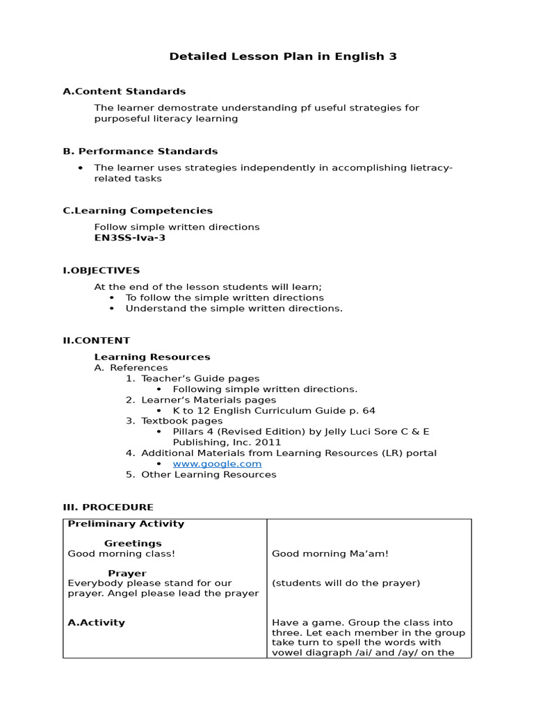 Detailed Lesson Plan in English 3 | PDF | Lesson Plan | Teachers