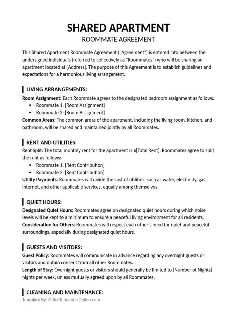 Shared Apartment Roommate Agreement Template | PDF