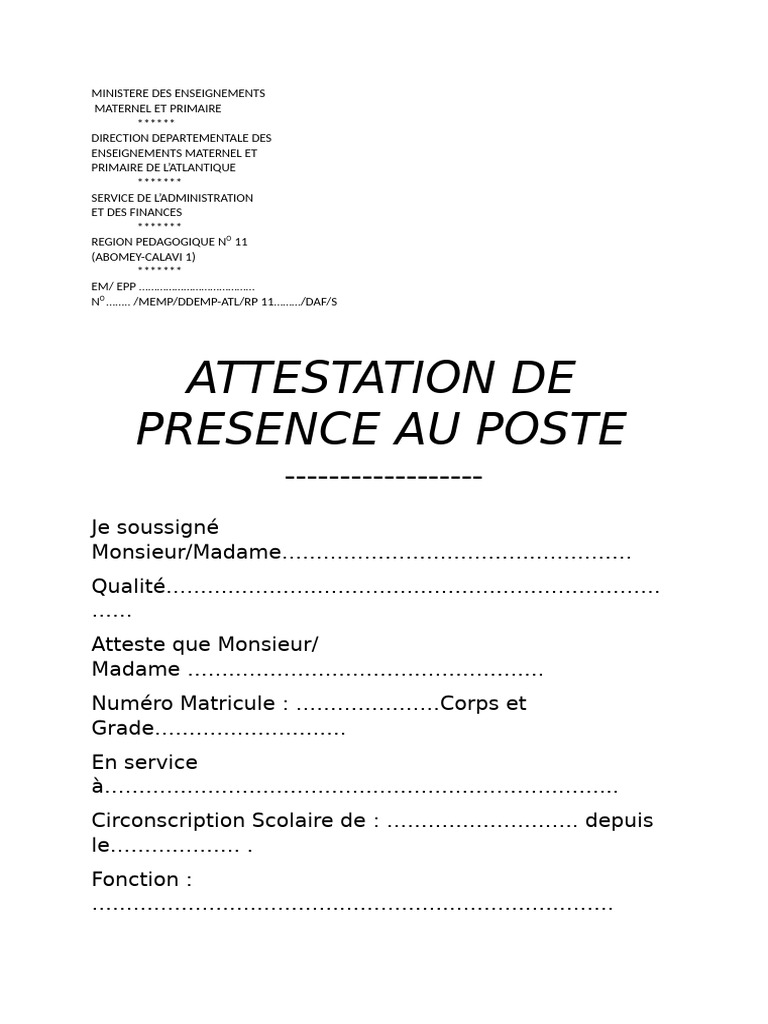 Attestation de Presence Au Poste | PDF