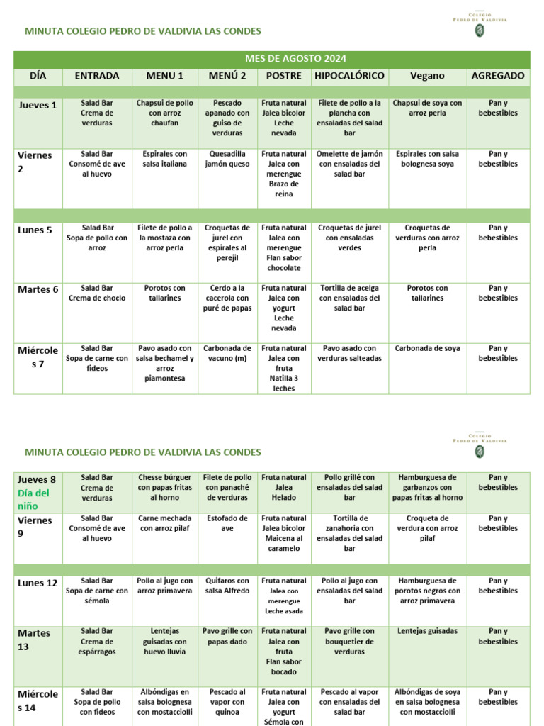 Minuta Colegio Agosto 2024 CPDV Las Condes | PDF